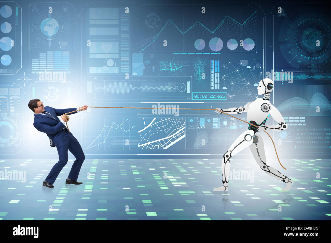 The competition between humans and robots in tug of war concept Stock ...