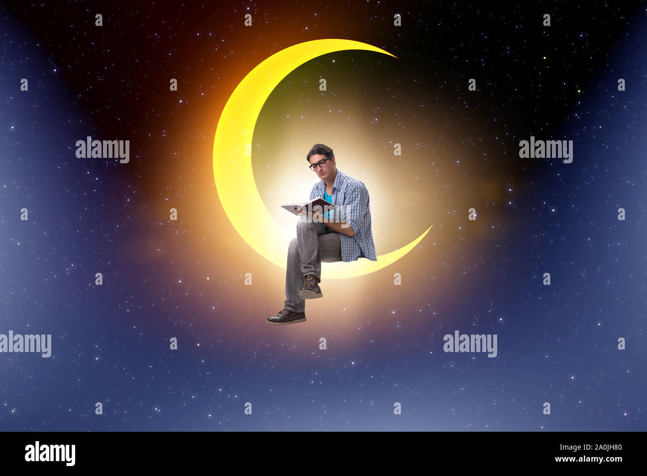 The student reading book on the moon crescent Stock Photo - Alamy