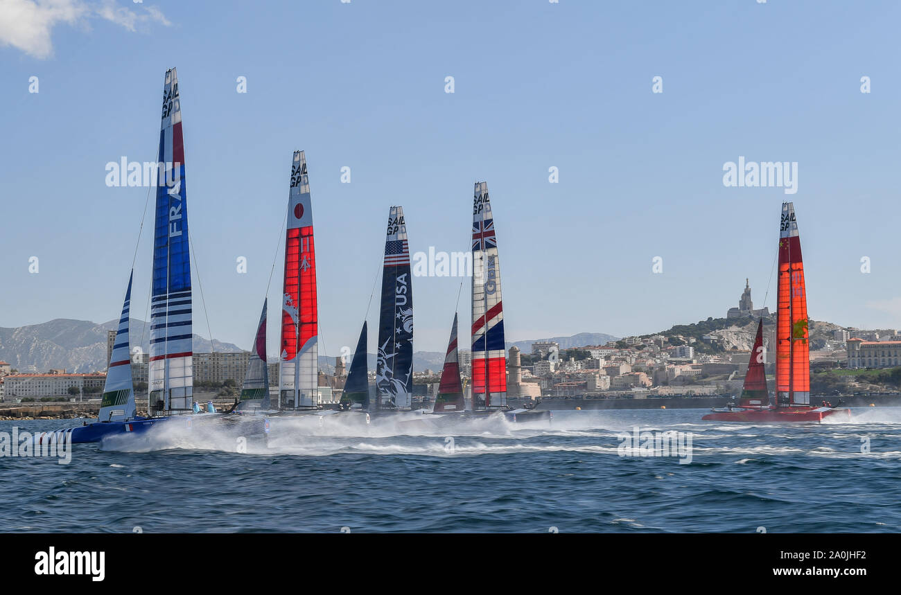 The F50 catamaran fleet at the start of fleet race 1. Race Day 1. The ...