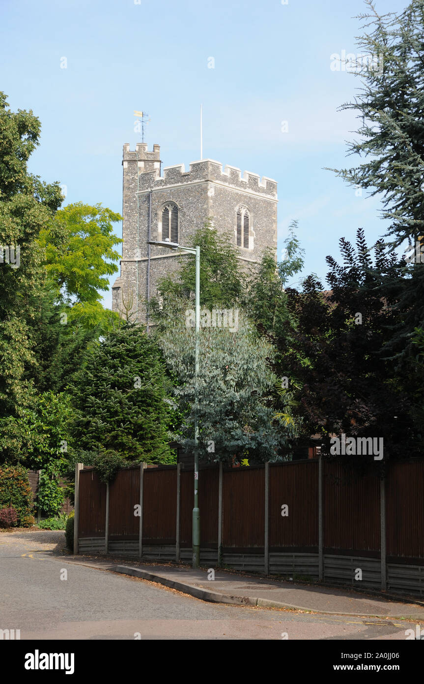 St Augustines church, Broxbourne, Hertfordshire. The tall tower has an ...