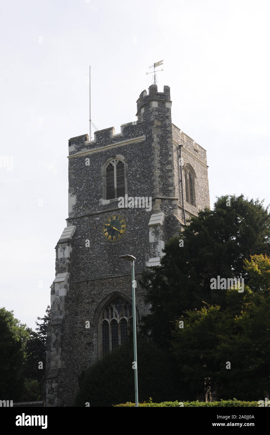 St Augustines church, Broxbourne, Hertfordshire. The tall tower has an ...