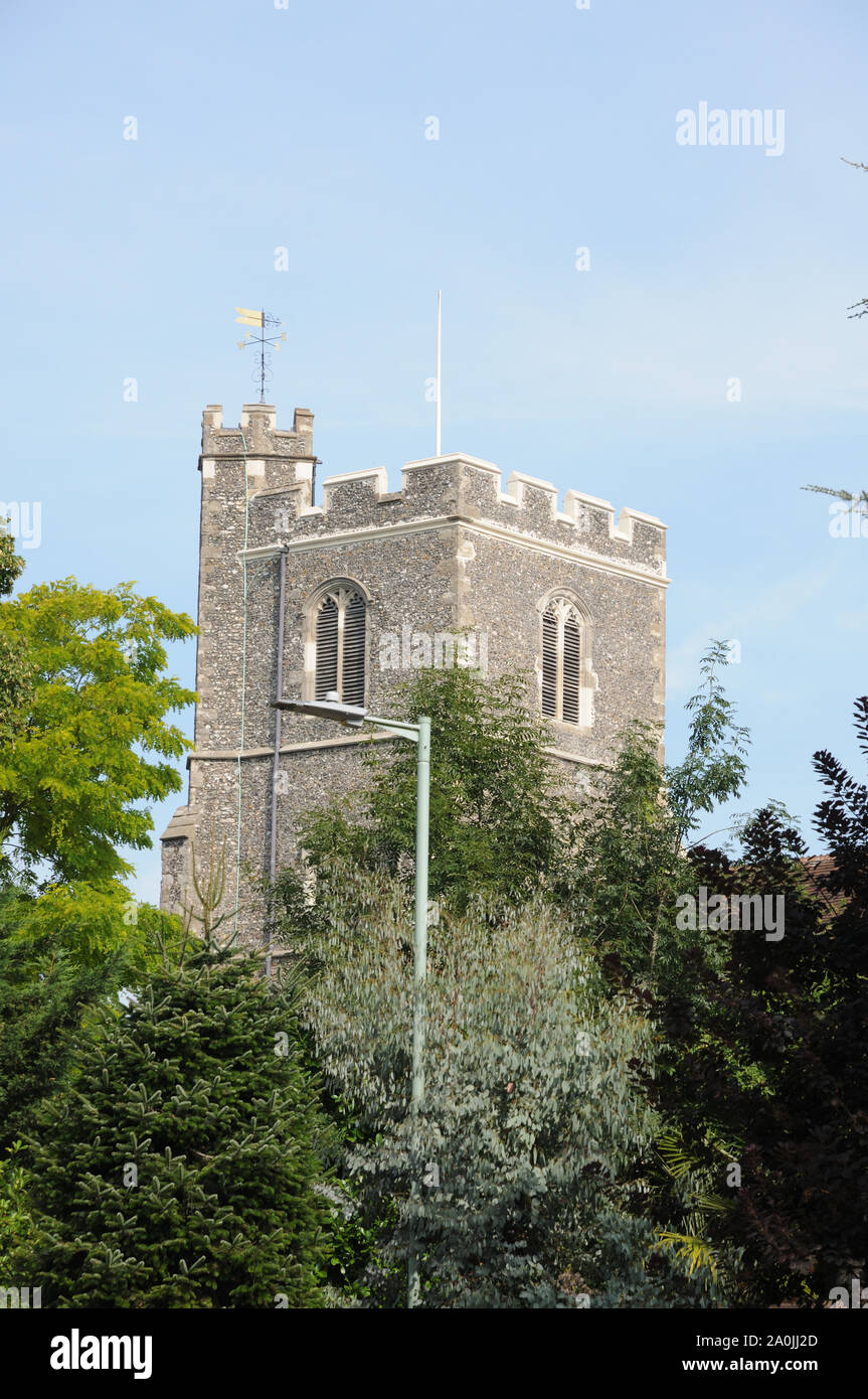 St Augustines church, Broxbourne, Hertfordshire. The tall tower has an ...