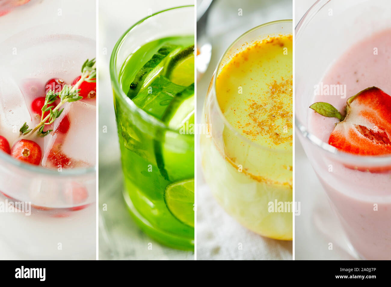 Beautiful healthy lifestyle theme collage of diet detox drinks close-up ...