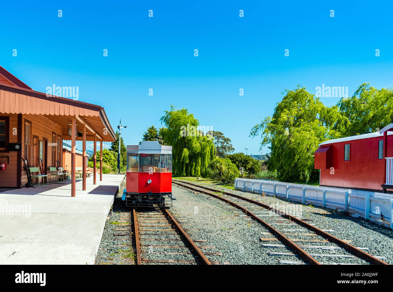NELSON, NEW ZEALAND - OCTOBER 16, 2018: Retro tram at the station ...
