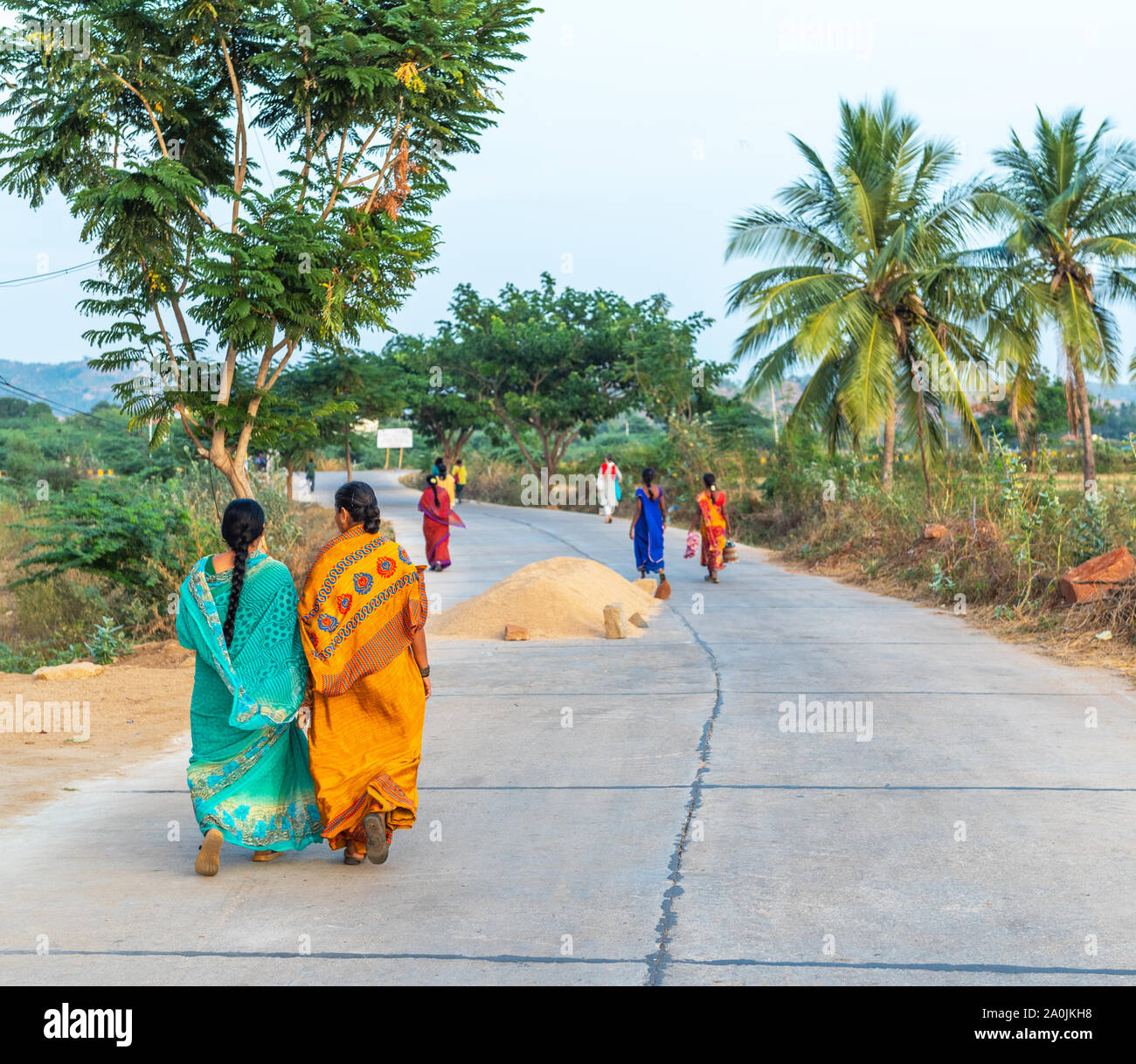 Indian women in sari walk down the street, Puttaparthi, India. Back ...