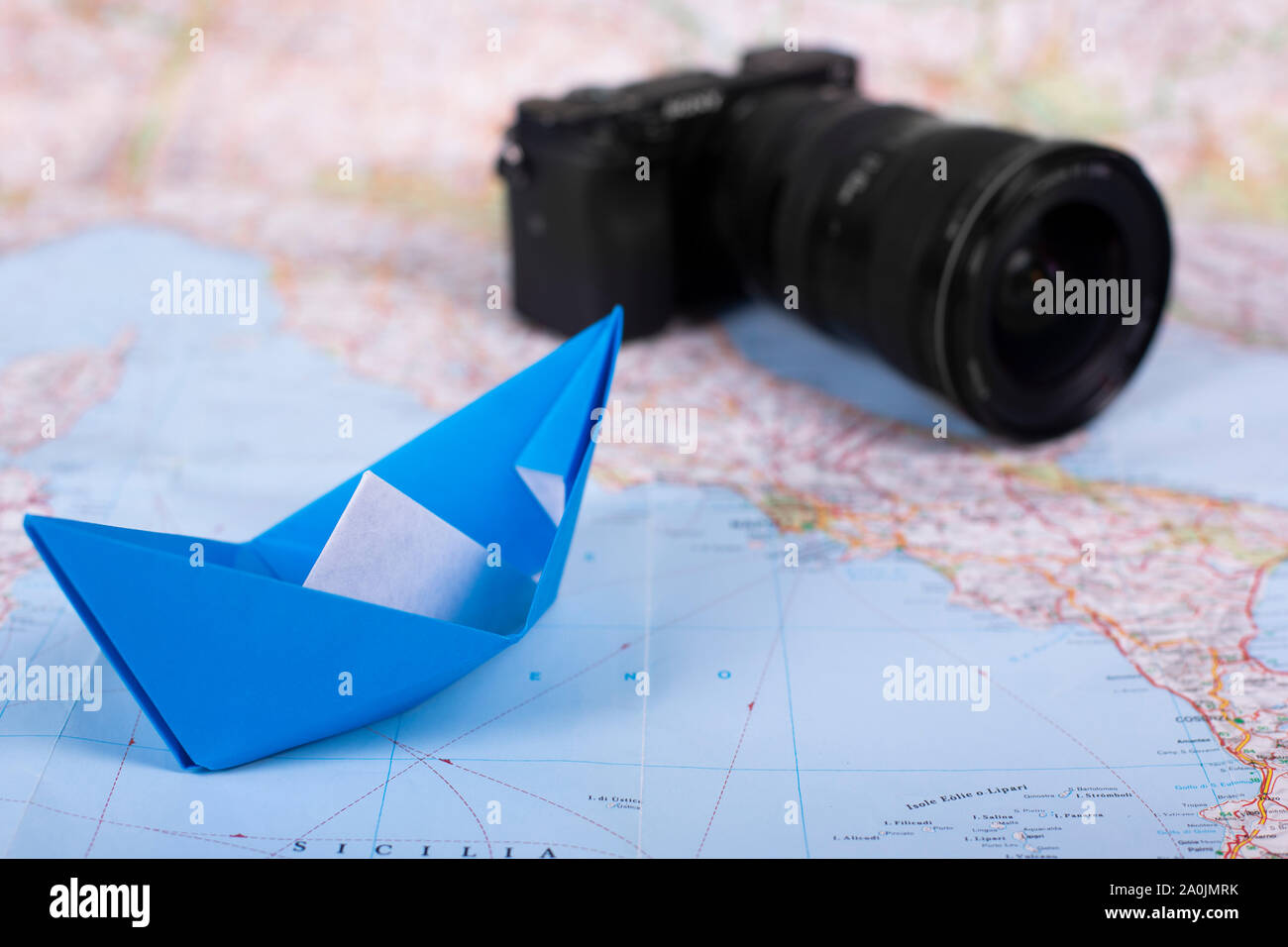 Travel holiday vacation concept origami handmade papercraft paper ship ...