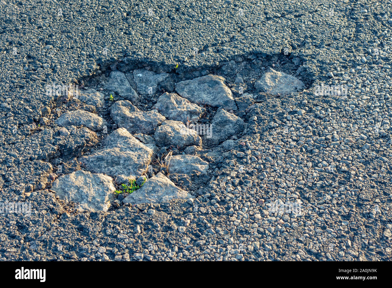 road pit close-up in the sun. Road repair concept. Background texture ...