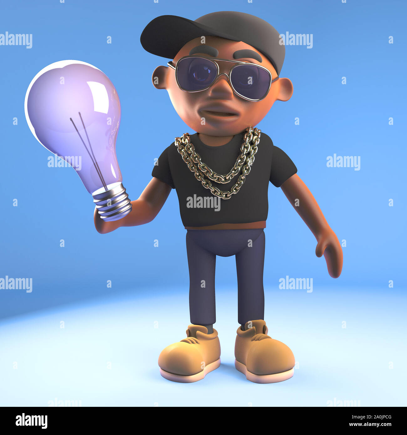 Cartoon 3d black hiphop rapper emcee character holding a lightbulb, 3d ...