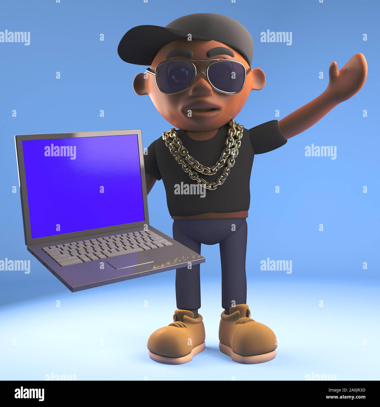 3d cartoon black hiphop rapper emcee holding a laptop pc computer, 3d ...