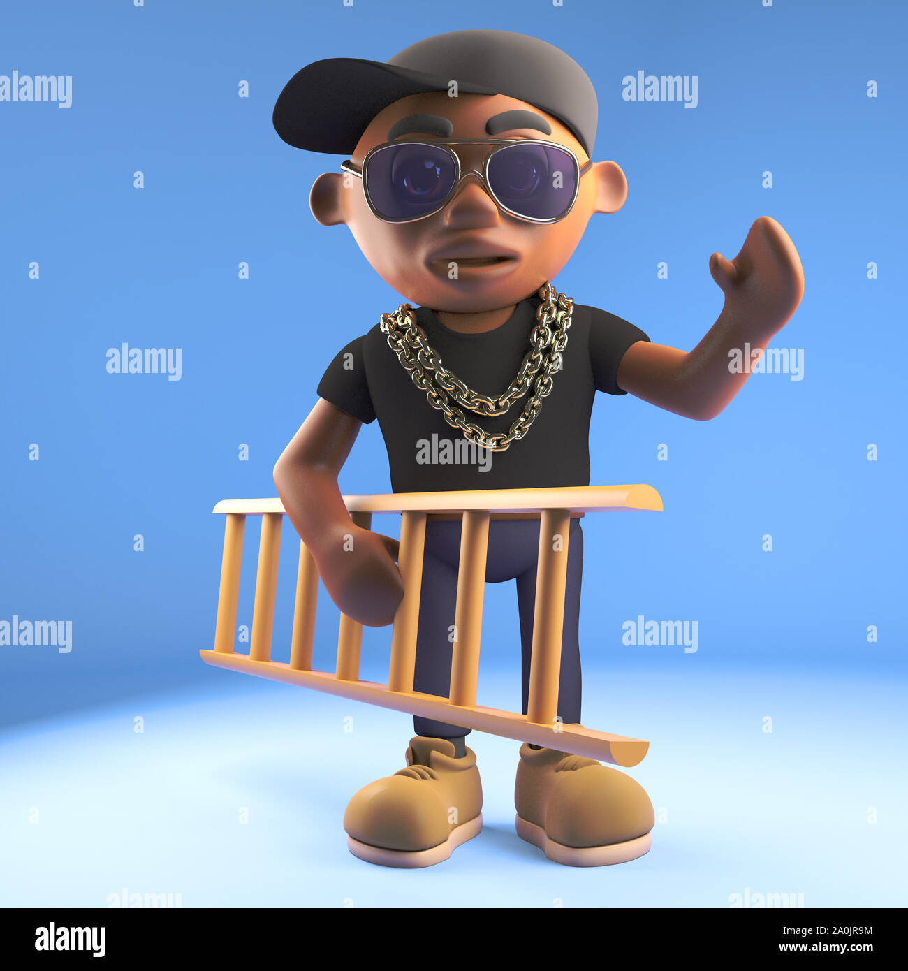 Cartoon 3d black hiphop rapper emcee character carrying a ladder, 3d ...