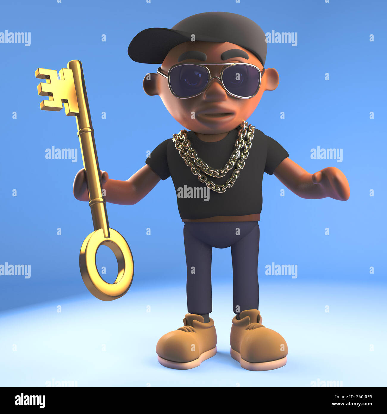 3d black cartoon hiphop rapper emcee holding a symbolic gold key, 3d ...