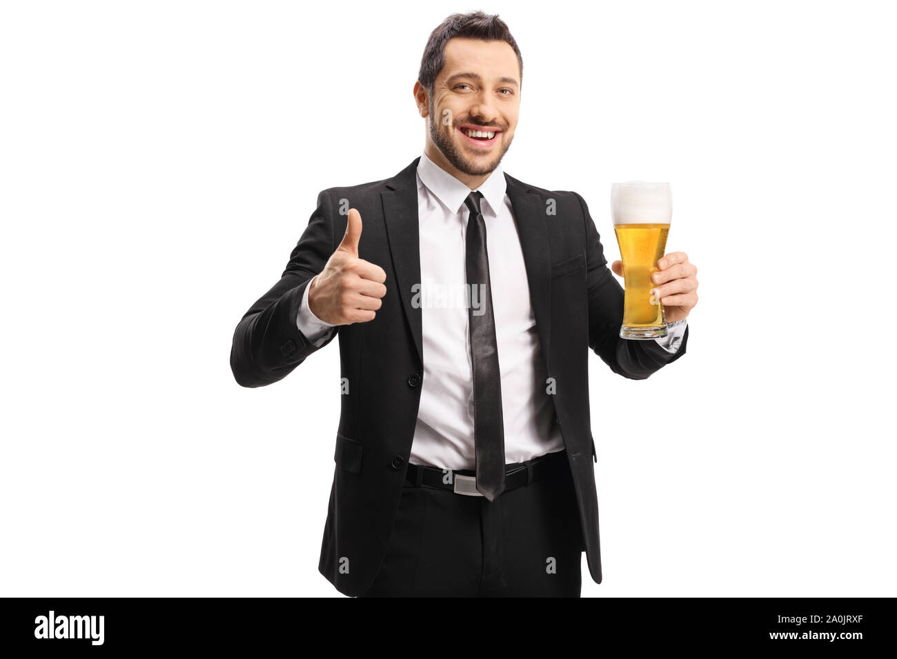 Cheerful businessman holding a glass of beer and showing thumbs up ...