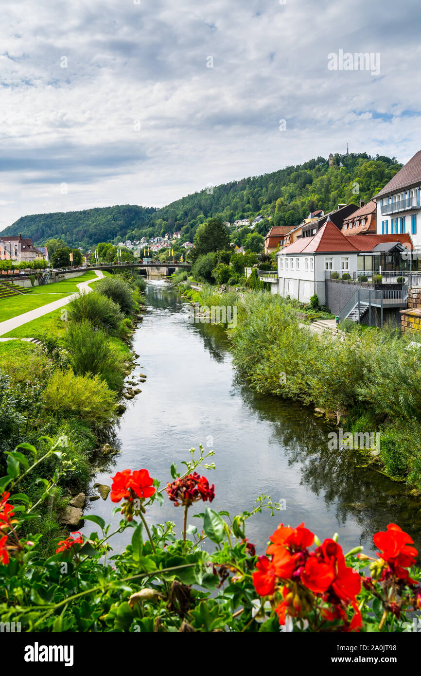 Germany, Neckar river flowing through city horb am neckar in northern ...