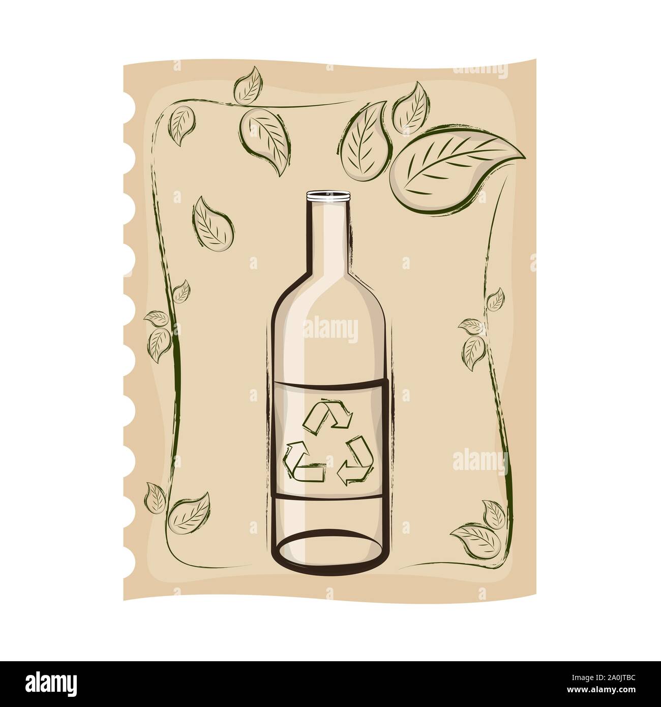 Sheet of paper with a hand draw of a bottle and leaves. Recycling ...