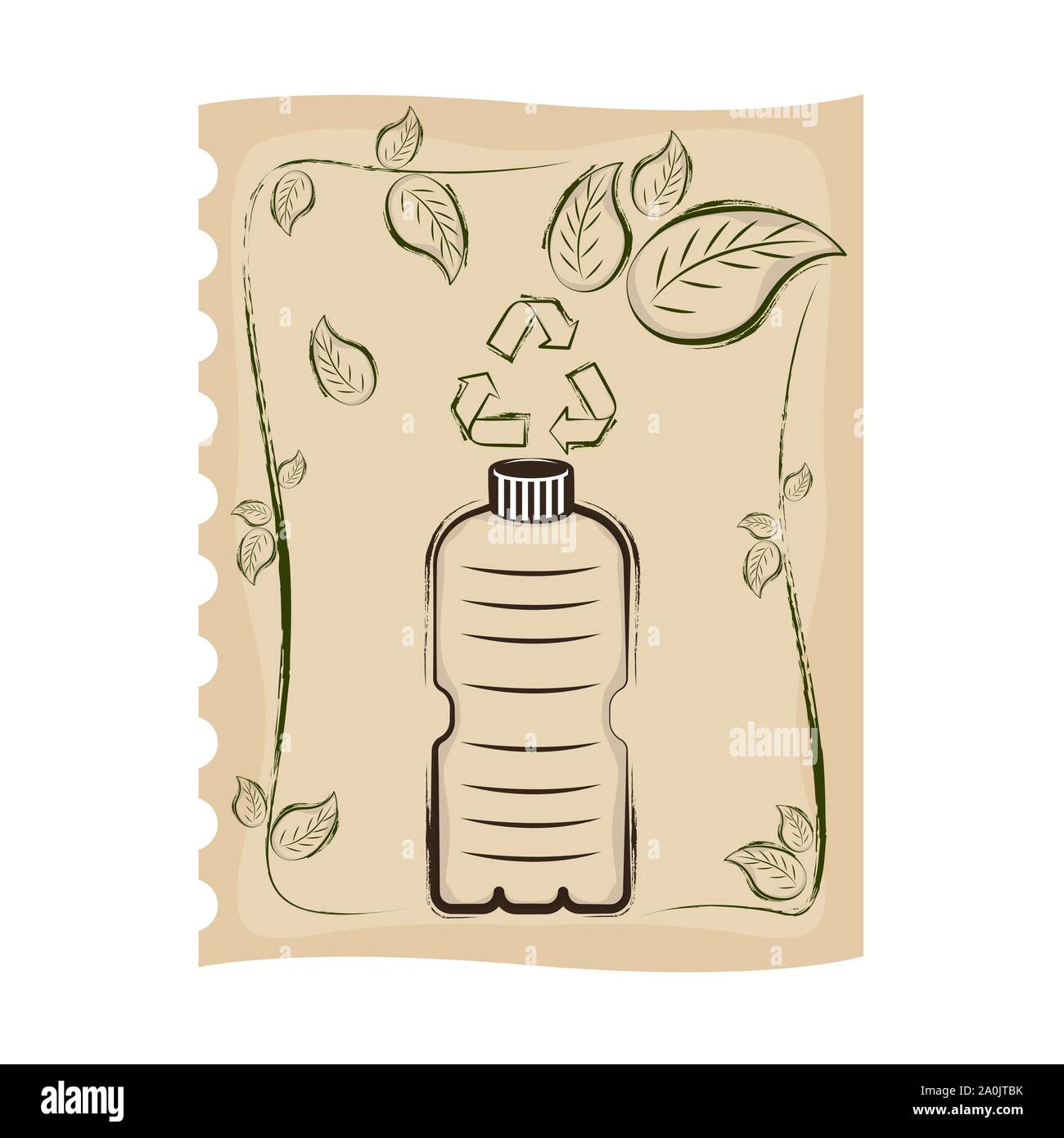 Sheet of paper with a hand draw of a bottle and leaves. Recycling ...