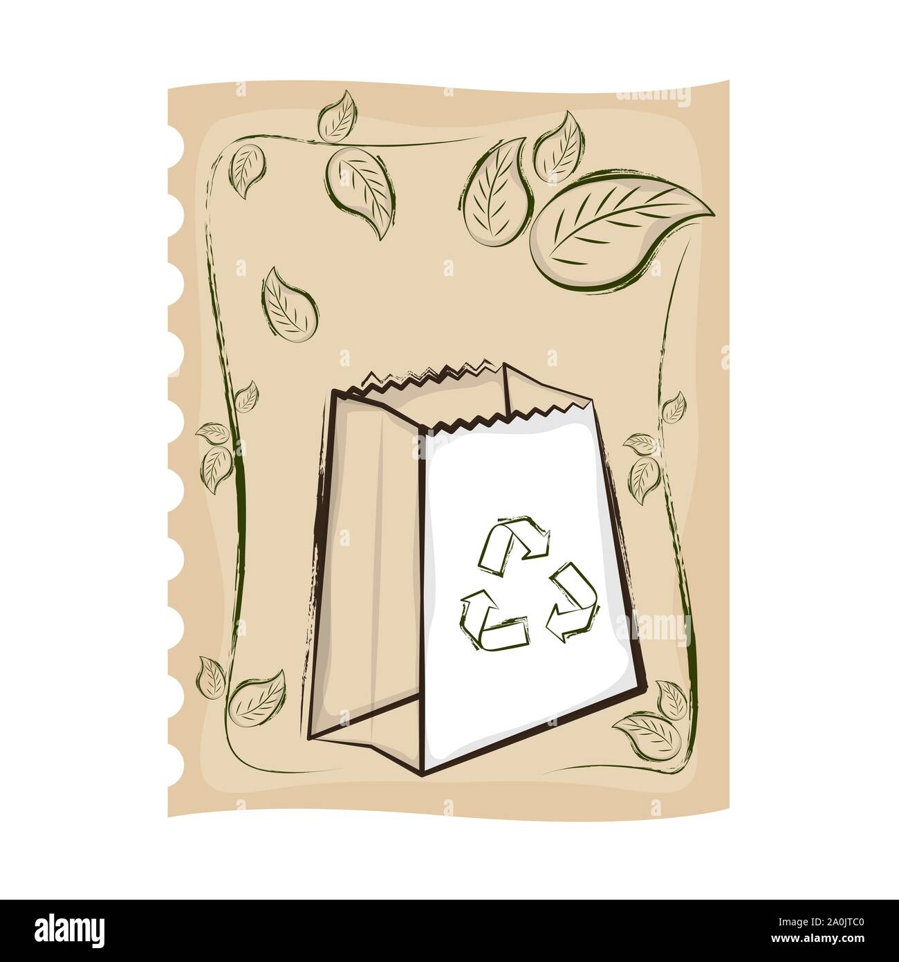 Sheet of paper with a hand draw of a paper bag and leaves. Recycling ...