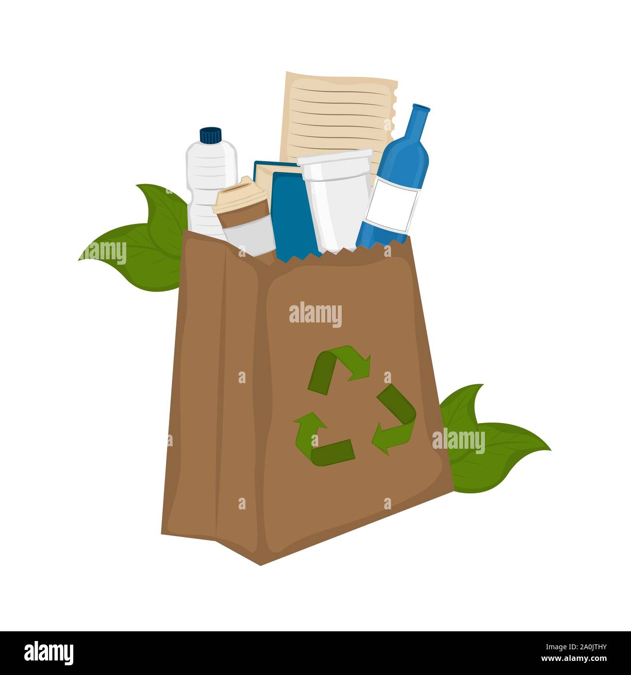 Recycling paper bag with bottles, sheets paper and leaves - Vector ...