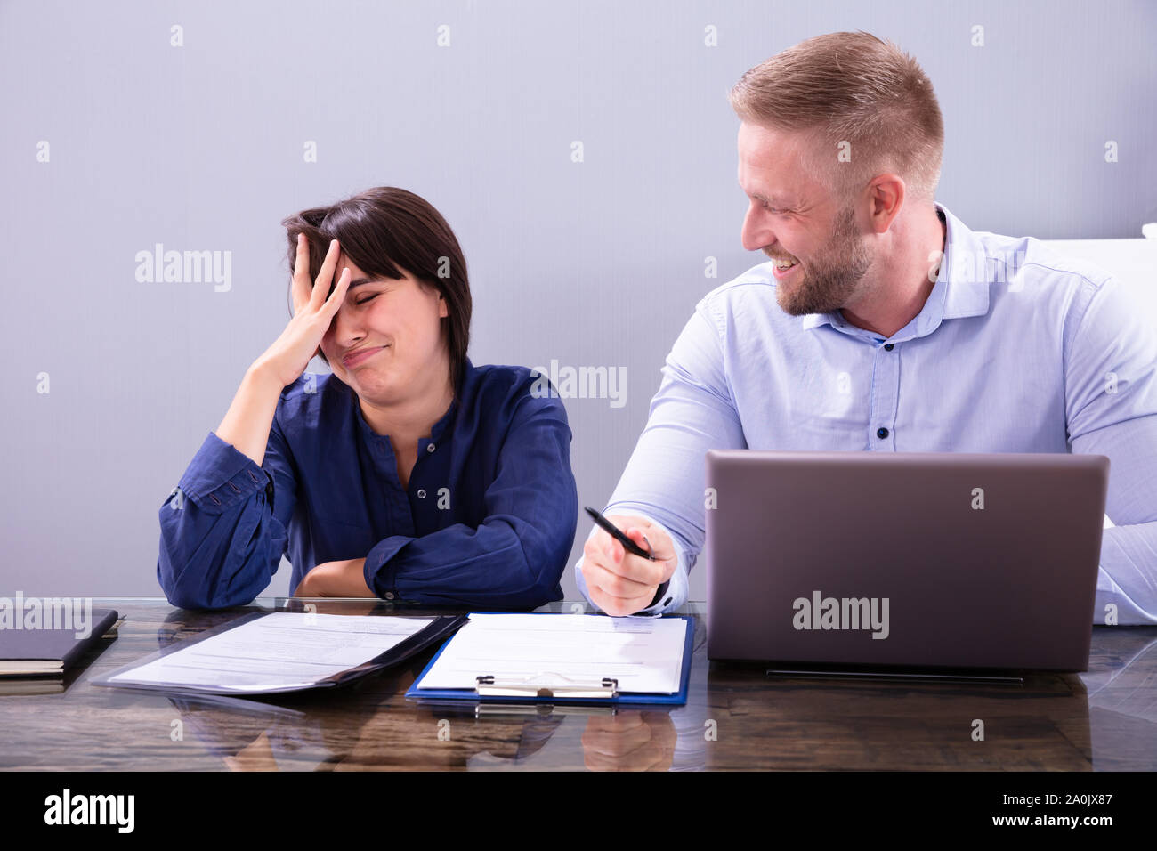 Woman Sitting New Annoying Male Colleague Telling Another Lame Joke At ...