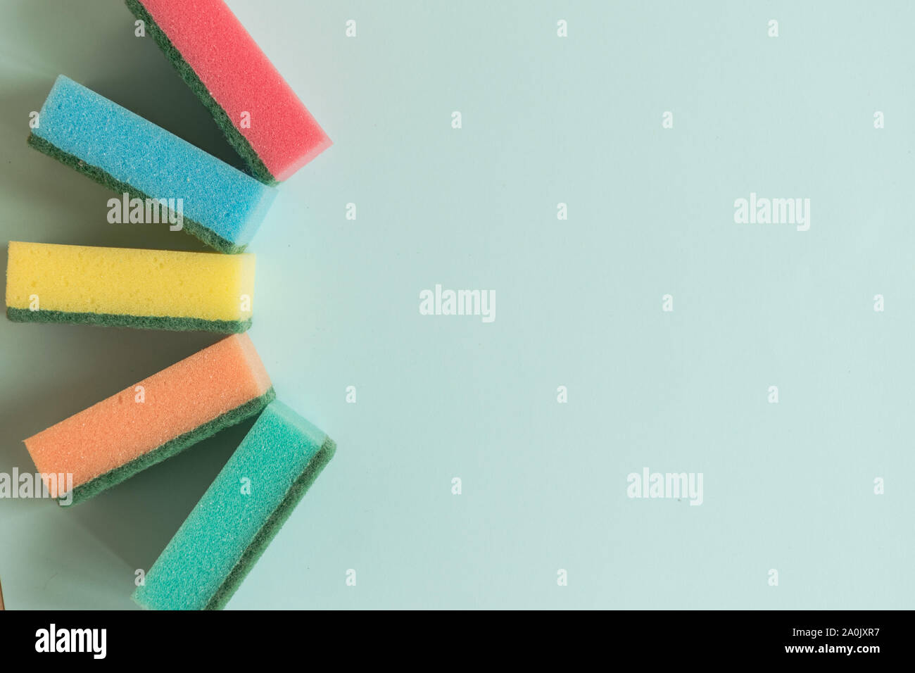 Creativity with cleaning colorful sponges. Copy space. Mockup for ...