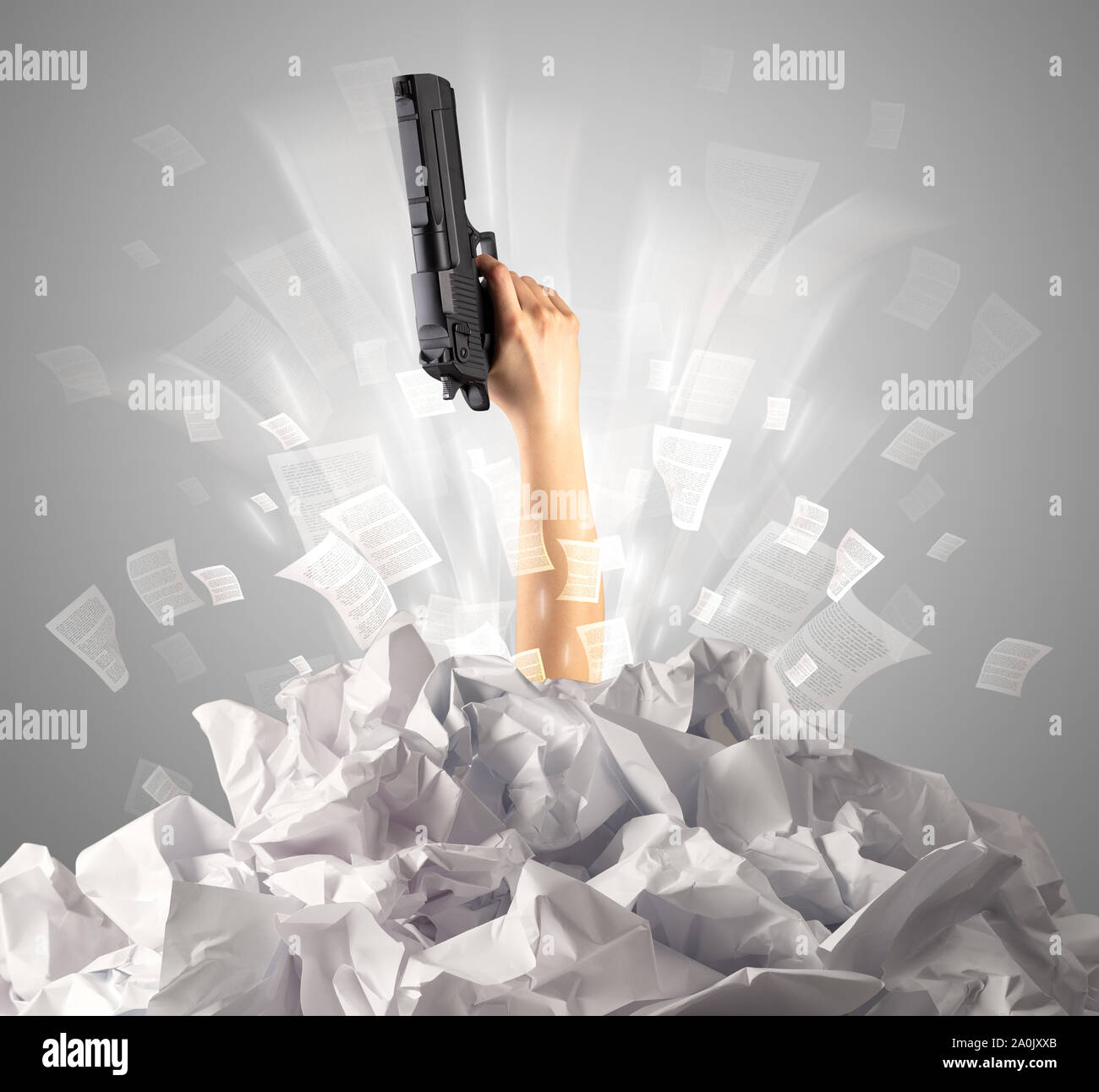 Hand coming out from a huge paper pile Stock Photo - Alamy