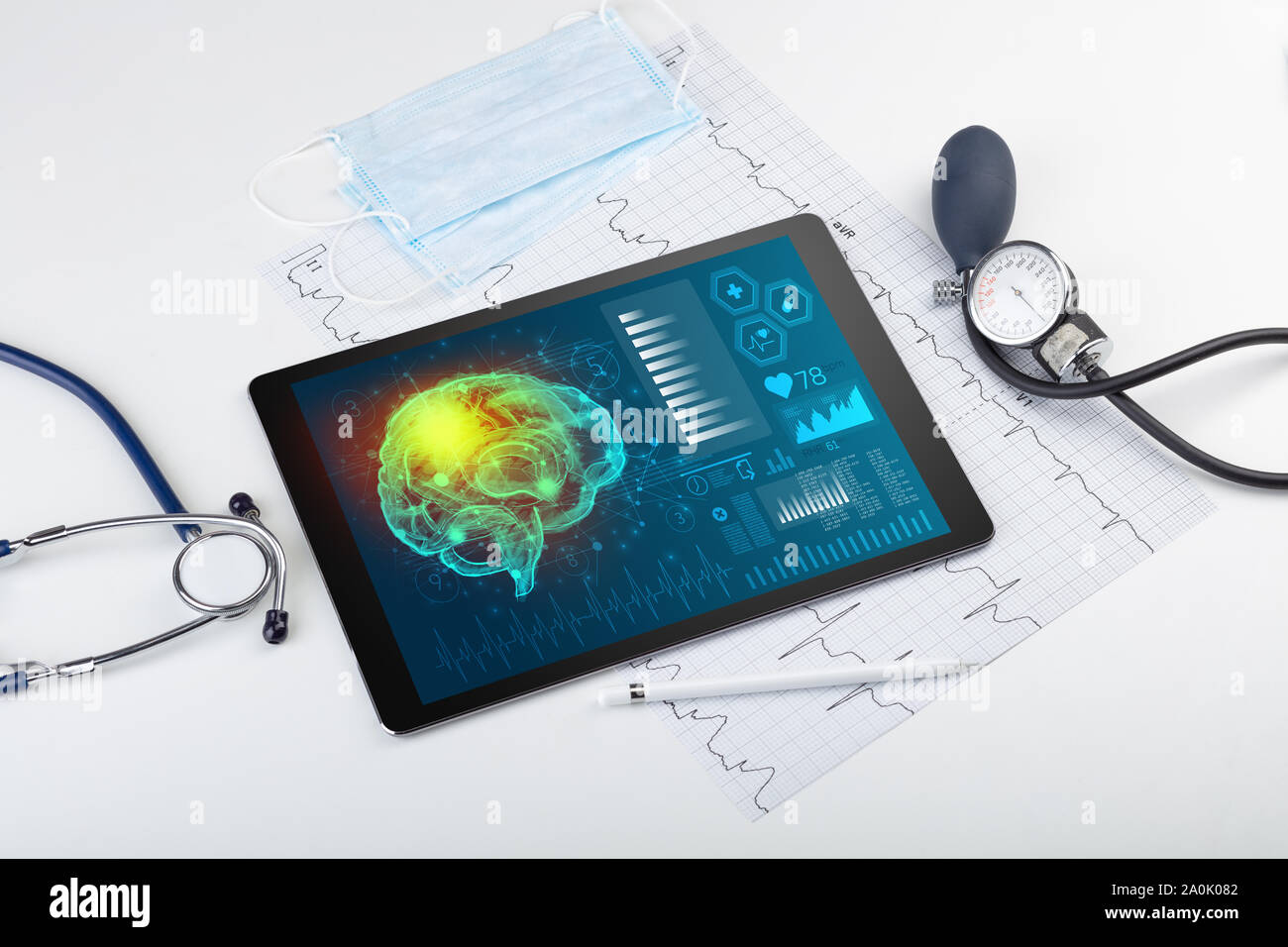 Brain functionality report with medical devices around Stock Photo - Alamy