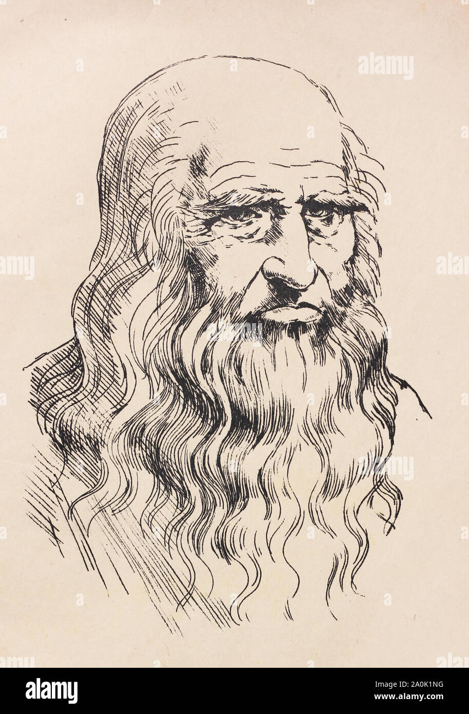 Self portrait of Leonardo Da Vinci. Medieval engraving Stock Photo - Alamy