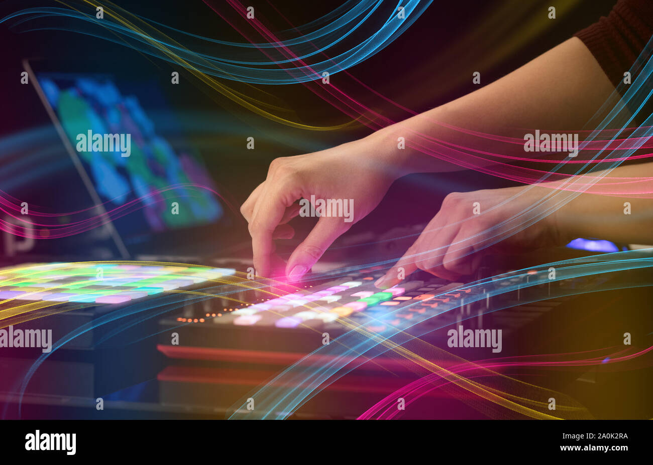 Hand mixing music on midi controller with colorful vibe concept Stock ...