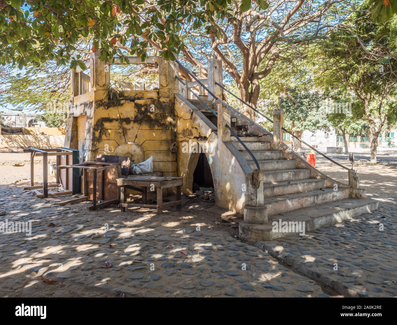 Goree, Senegal- February 2, 2019: Stairway leading to a ruined-concrete ...