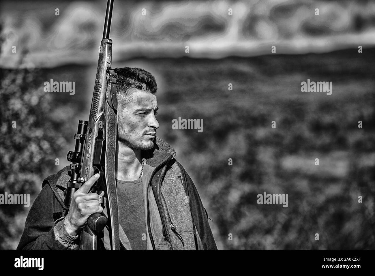 Man hunter carry rifle nature background. Experience and practice lends ...