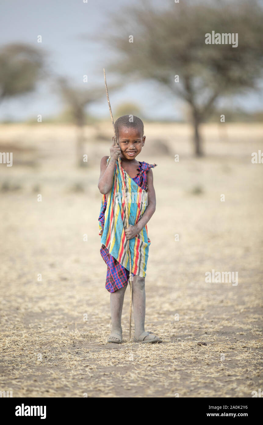 Arusha, Tanzania, 7th September 2019: cute maasai boy in traditional ...