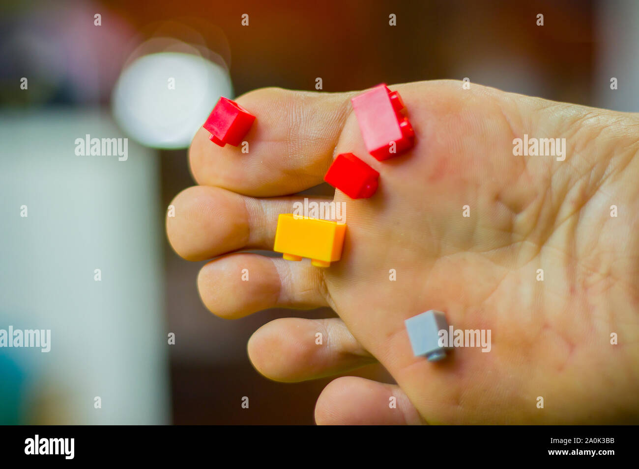 a man foot step on colored toy brick on ground and pain full. High ...