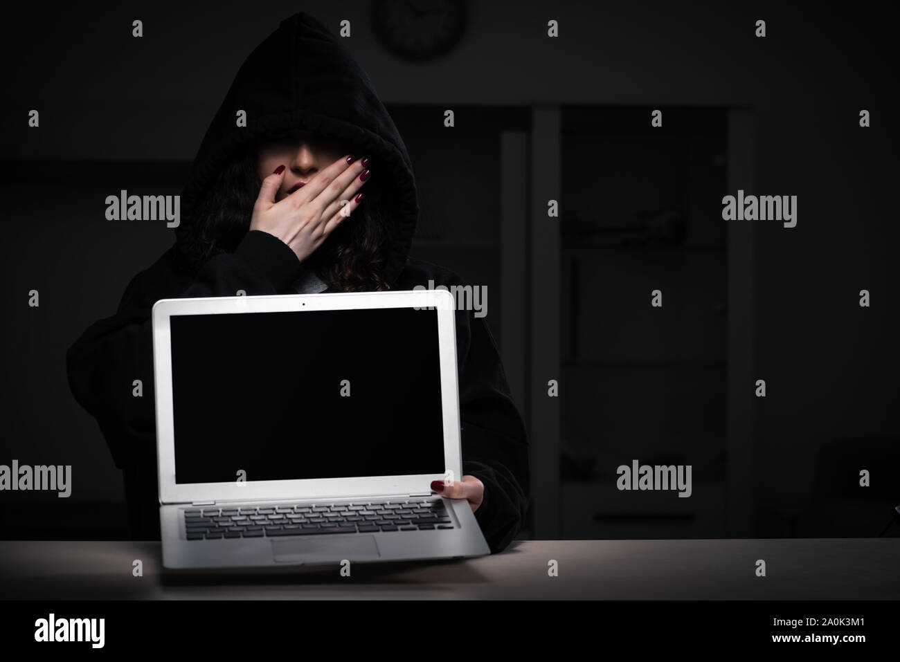 The female hacker hacking security firewall late in office Stock Photo ...