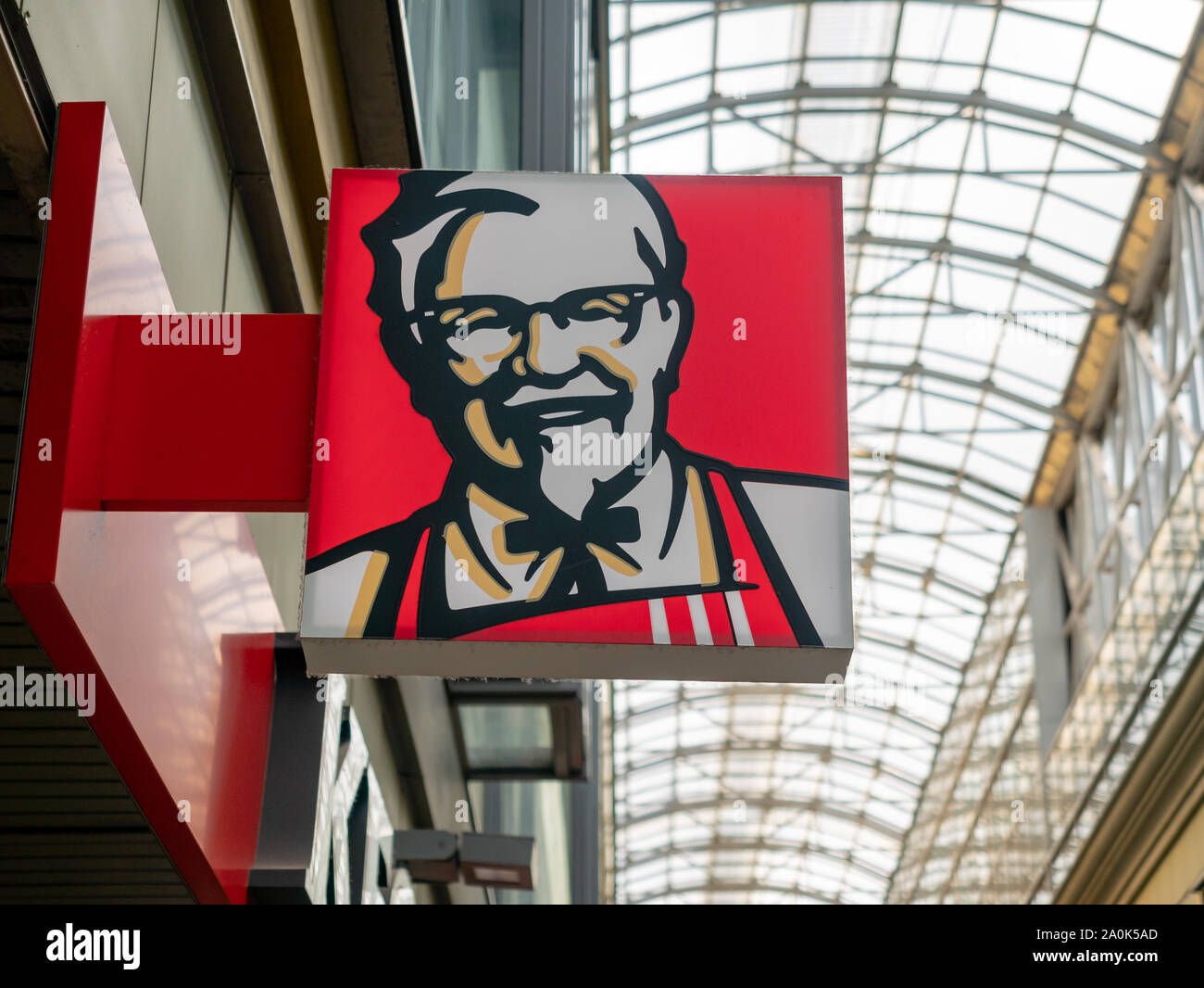 Moscow, Russia - September 14, 2019: KFC logo on advertising sign in a ...