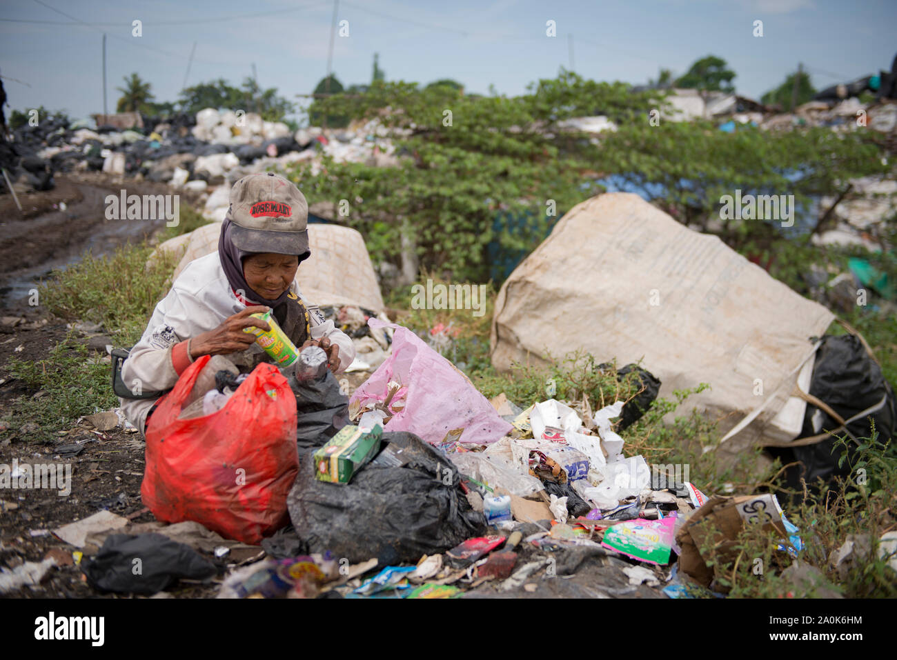 An older woman collecting garbage Stock Photo - Alamy