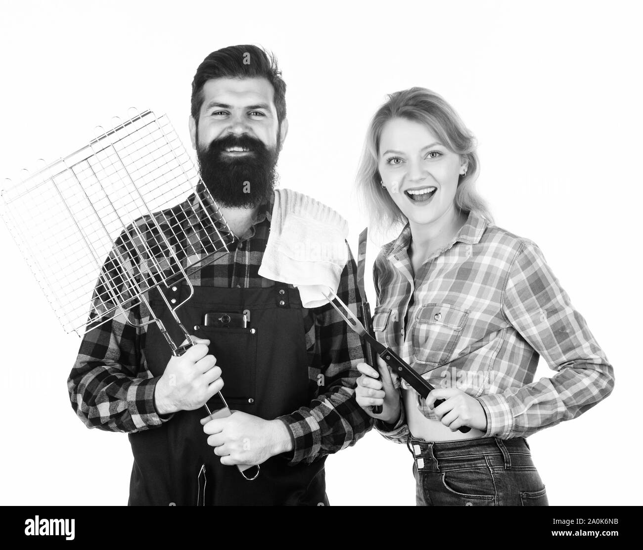 Couple in love getting ready for barbecue. Picnic and barbecue. Man ...