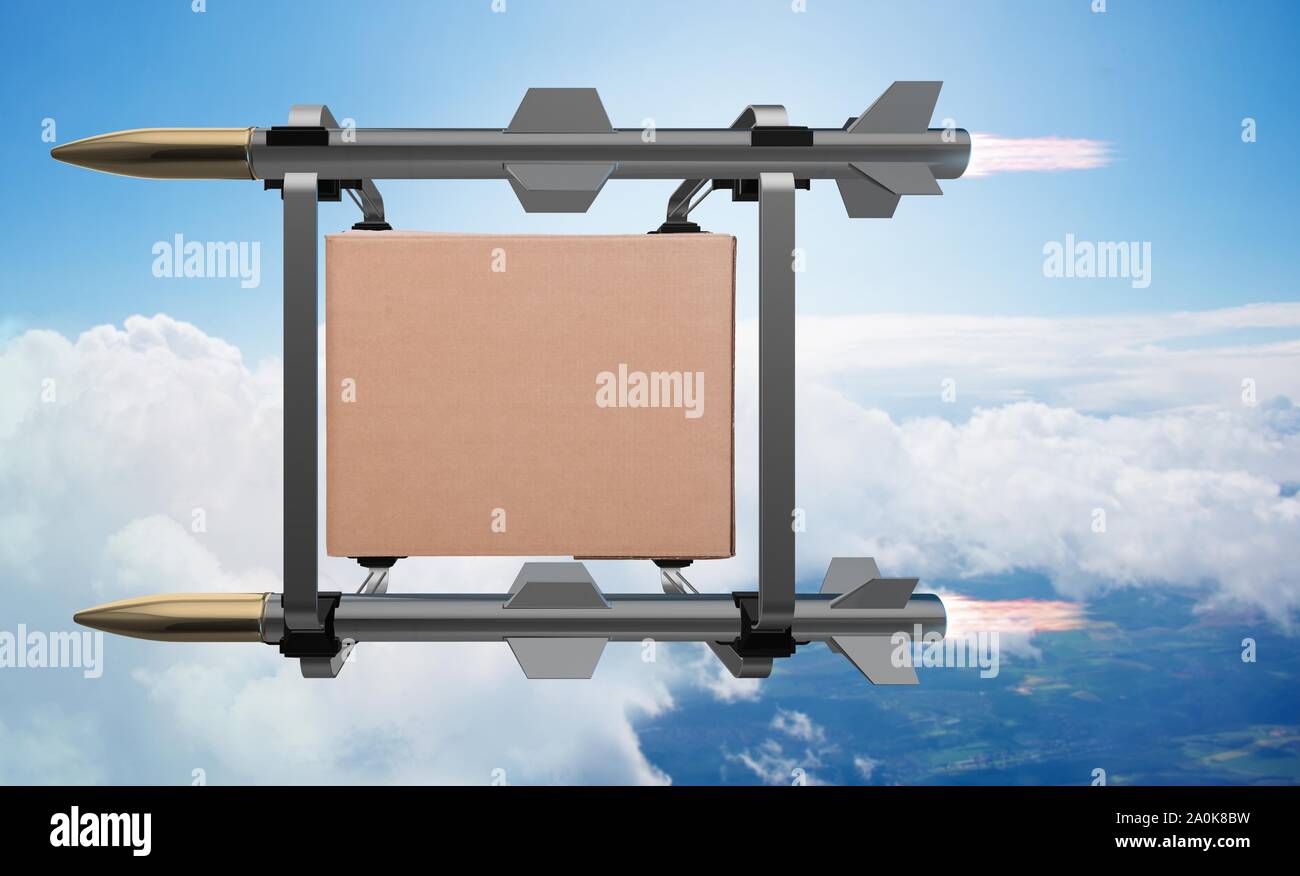 The concept with box delivery and rockets Stock Photo - Alamy