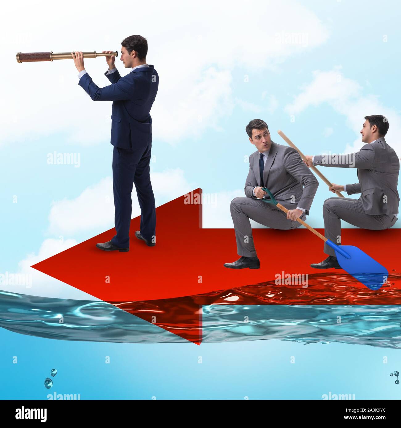 The teamwork concept with businessmen on boat Stock Photo - Alamy