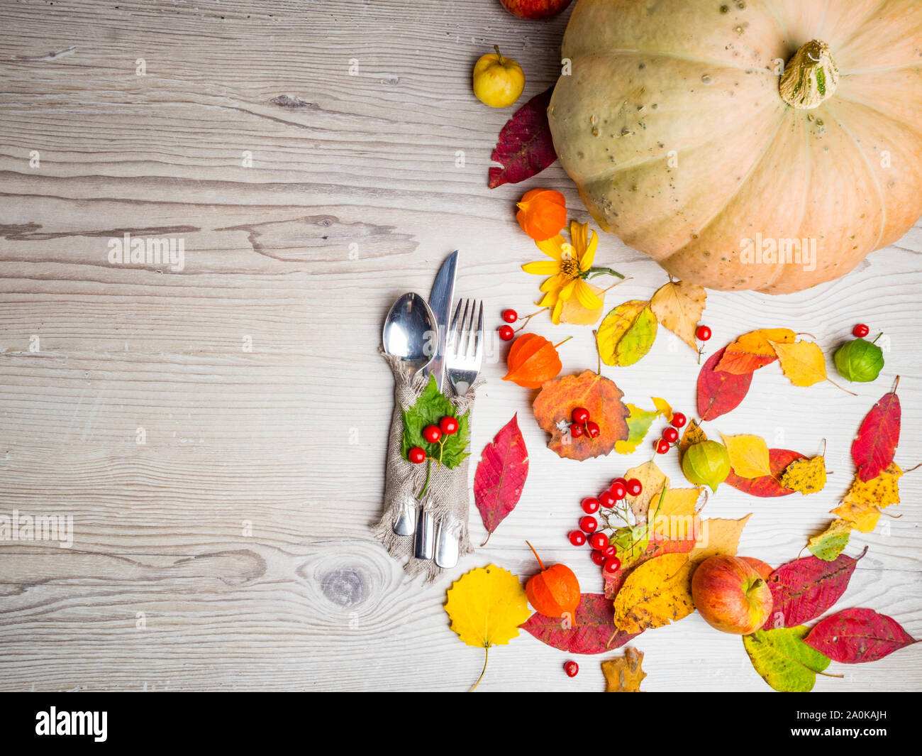 Thanksgiving autumn fall table setting copy space background, with ...