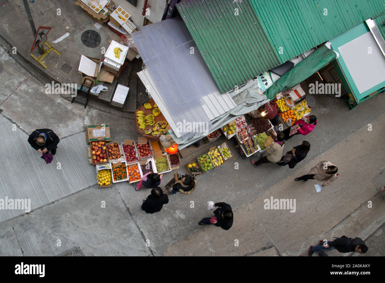 High Angle View of Corner Market and Street Scene, Hong Kong, China ...