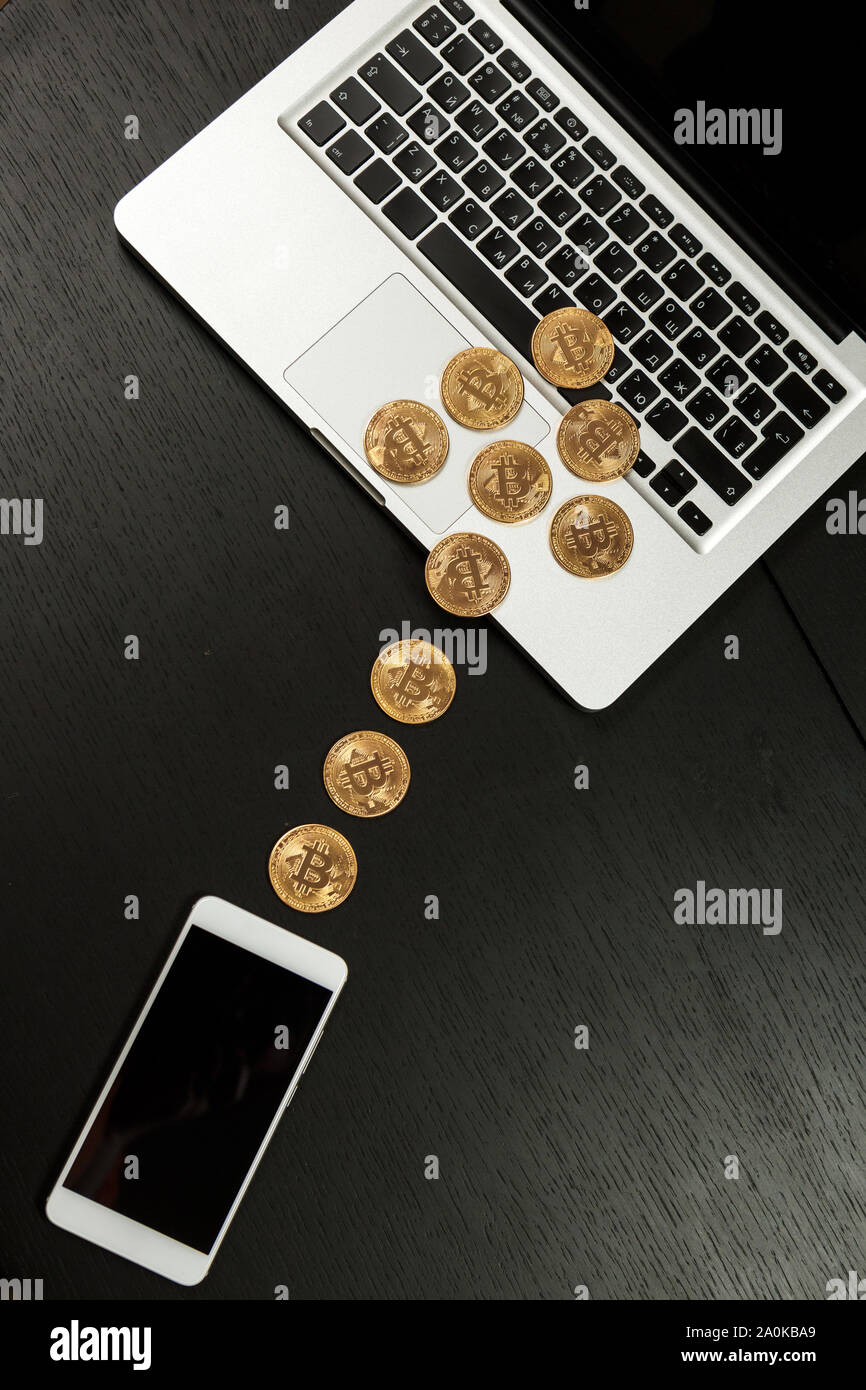 Bitcoin coin symbol on laptop future concept financial currency crypto ...