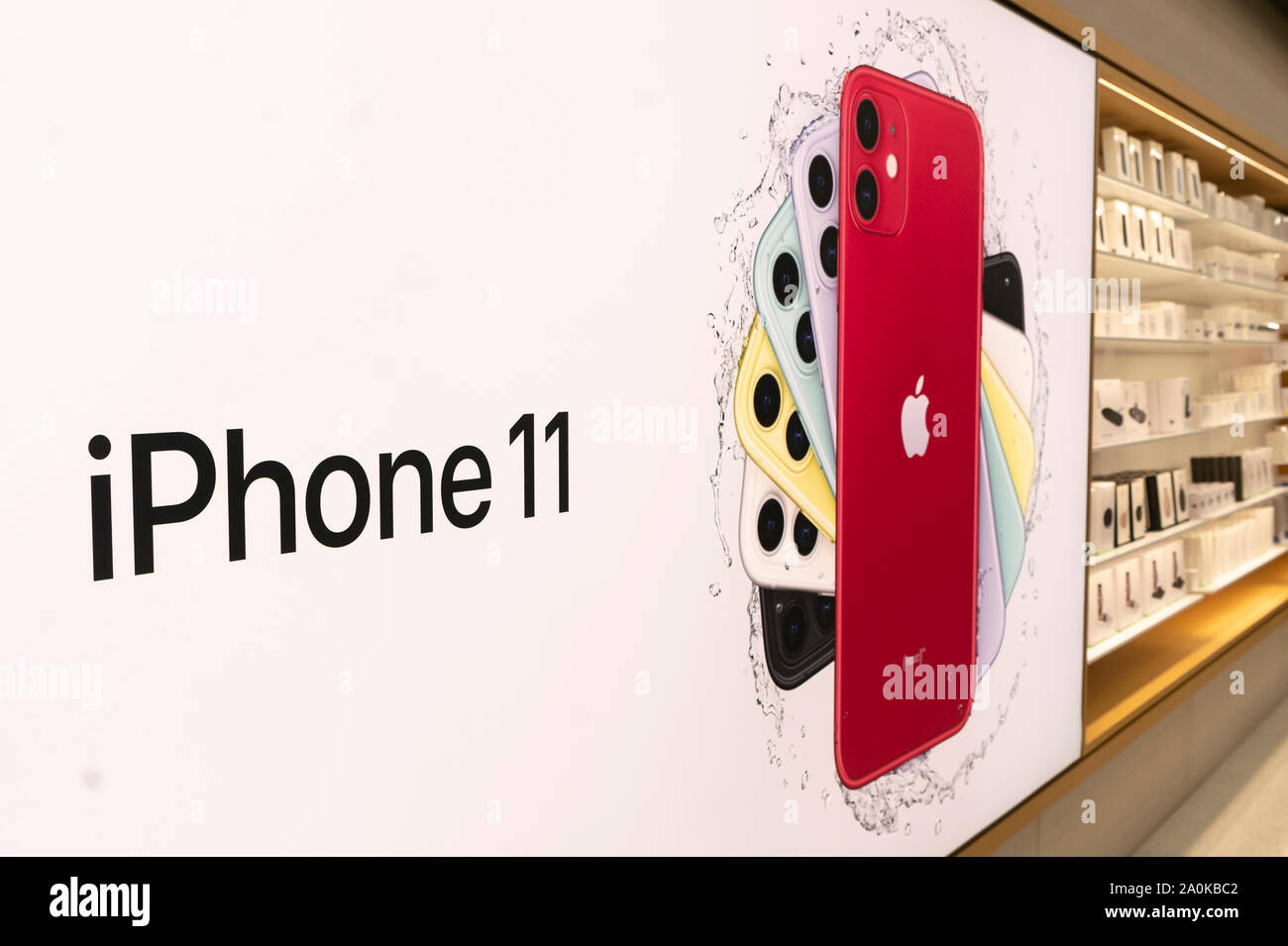 London, UK. 20th Sep, 2019. An iPhone 11's poster is seen at an Apple ...