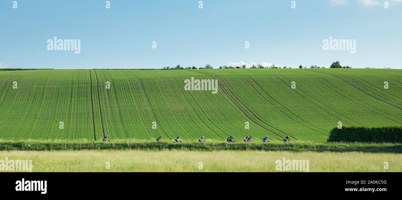 Cyclists following their leader in a line on country lane late Spring ...