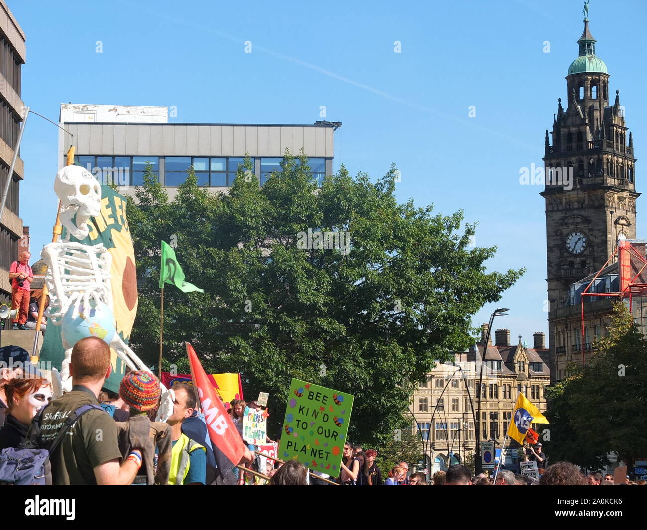 Global Climate Strike protest at Sheffield City Hall. Skeleton puppet ...