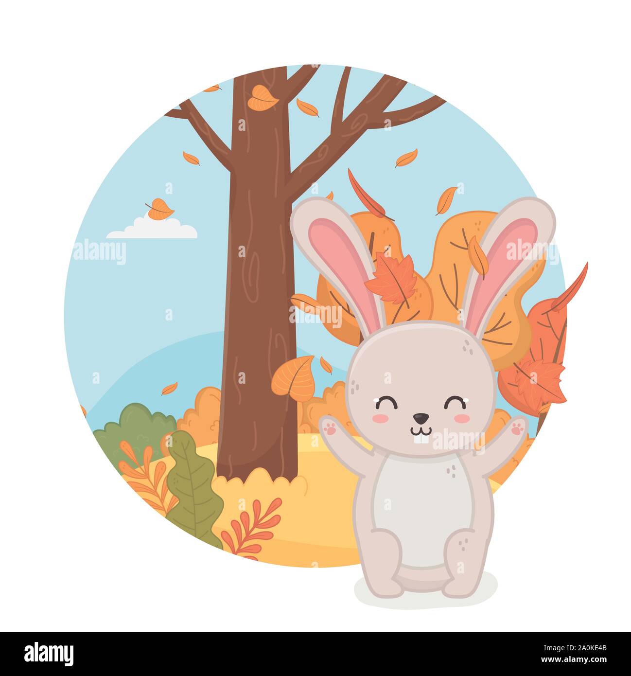 cute rabbit leaves foliage trees autumn season vector illustration ...