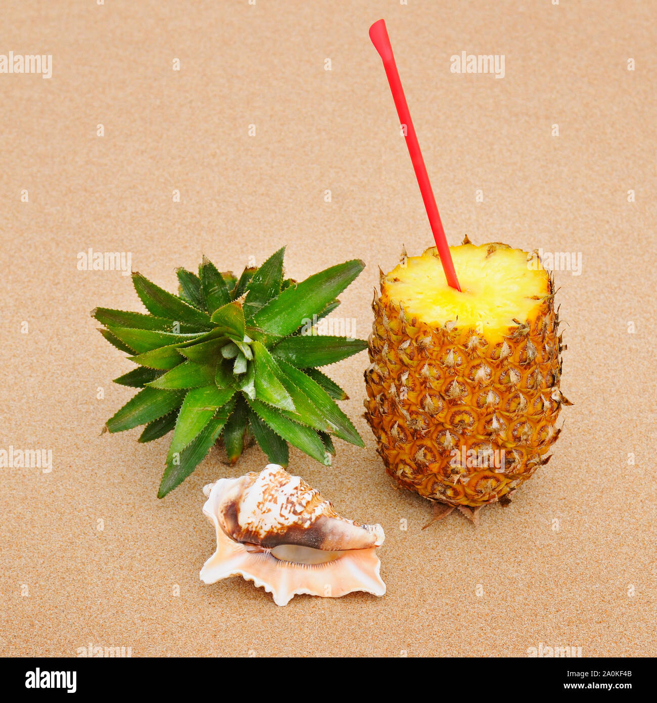 composition of juicy pineapple and sea shells on sand background Stock ...