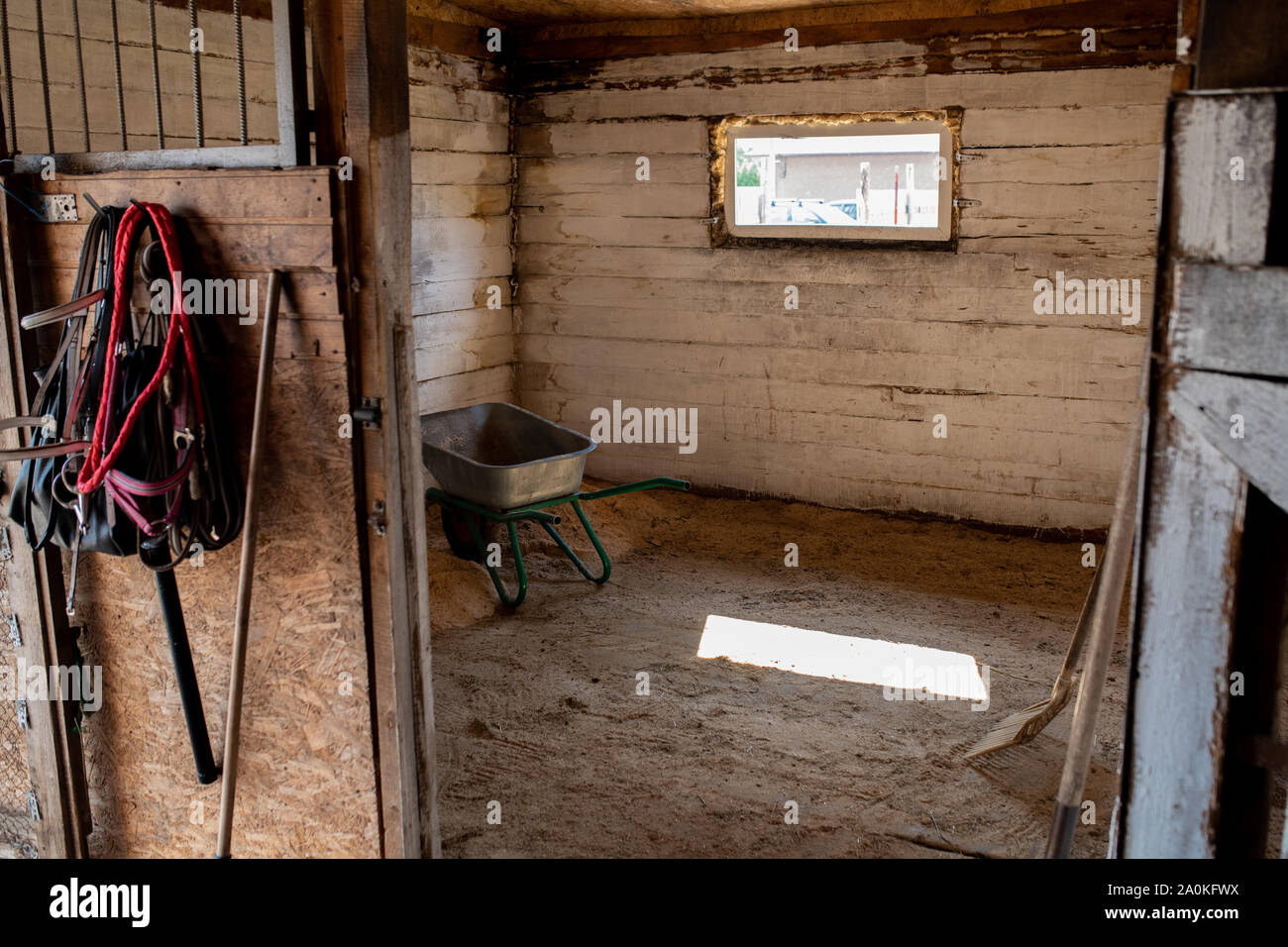 Empty stable for racehorses with small window, worktools and cart Stock ...