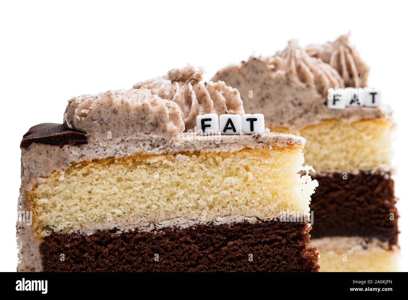 Concept of unhealthy fat food. Pieces of layered sponge cake isolated ...