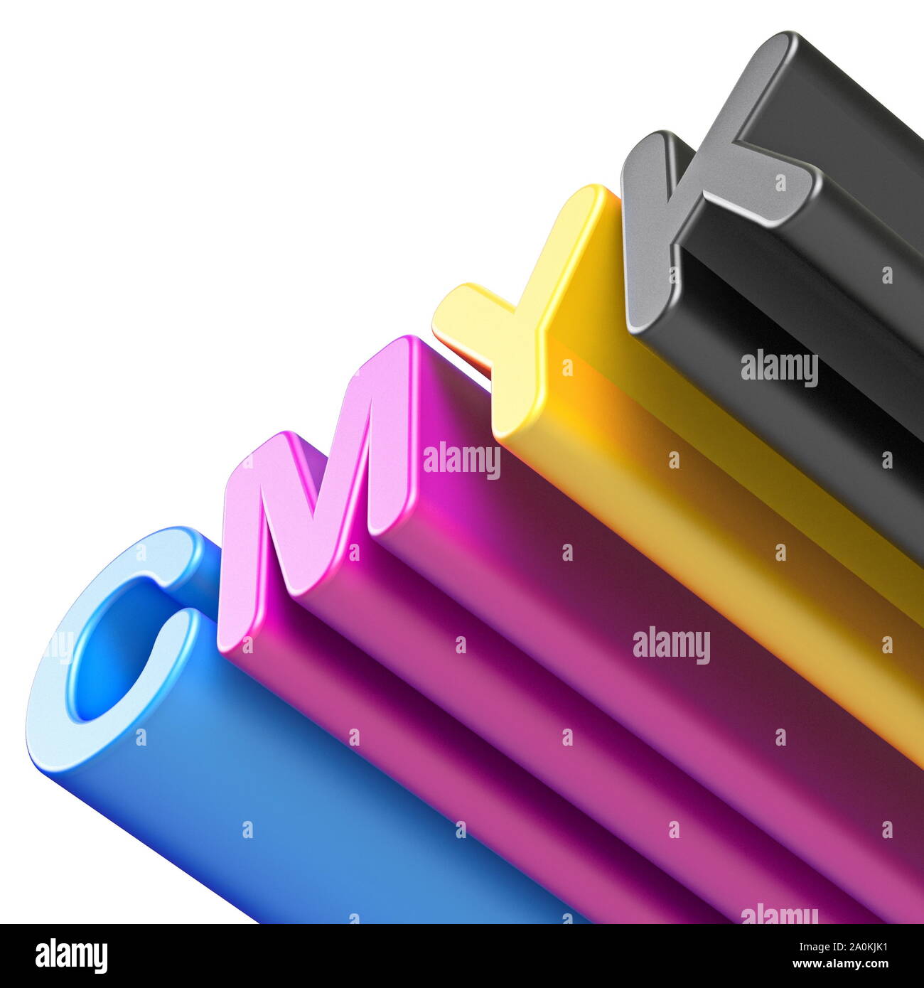CMYK diagonal text in colors 3D render illustration isolated on white ...