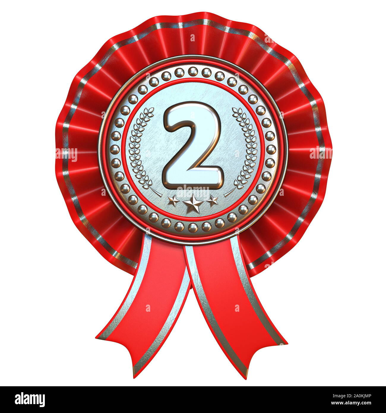 Silver medal for second place with red ribbons 3D render illustration ...