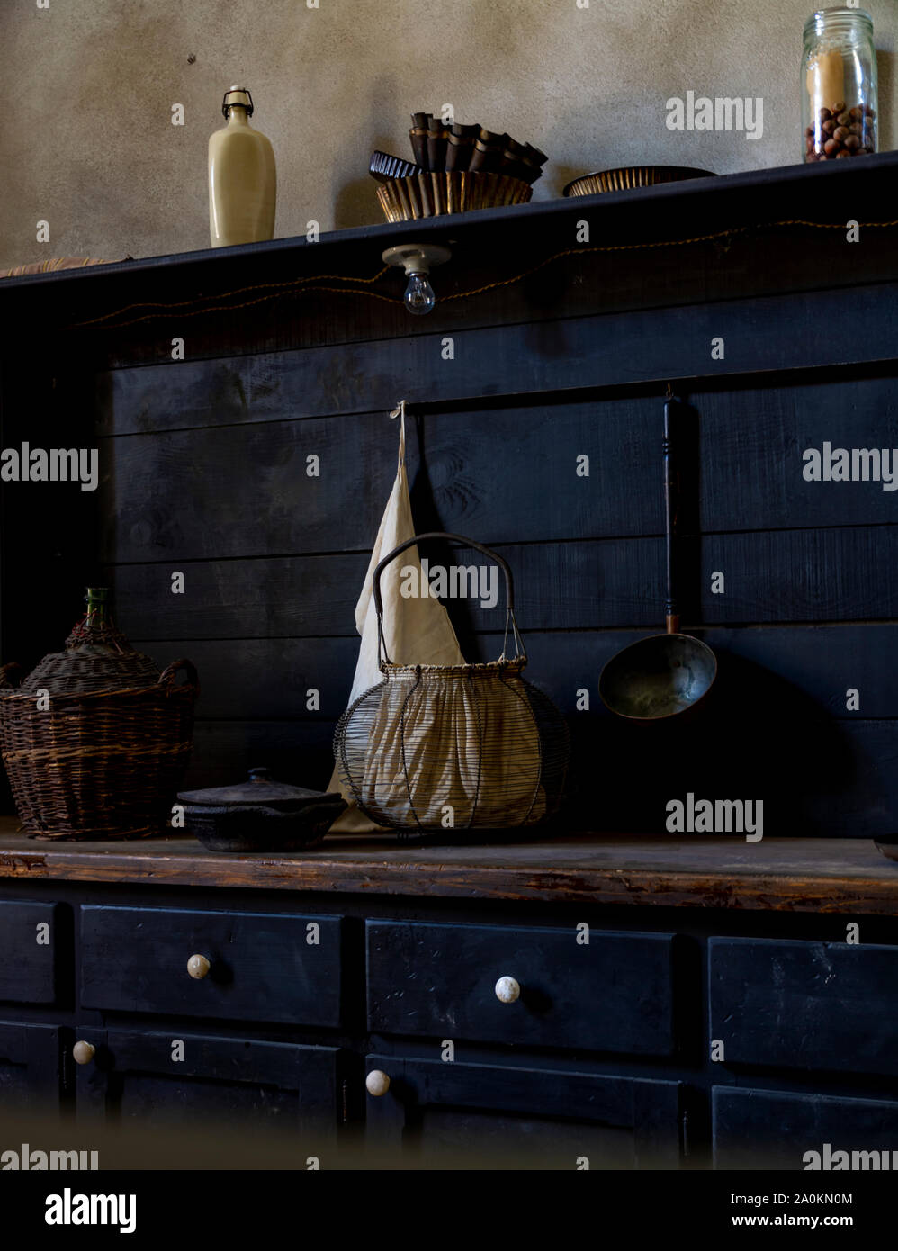 Still life with old vintage kitchen interier, dark key, home style ...